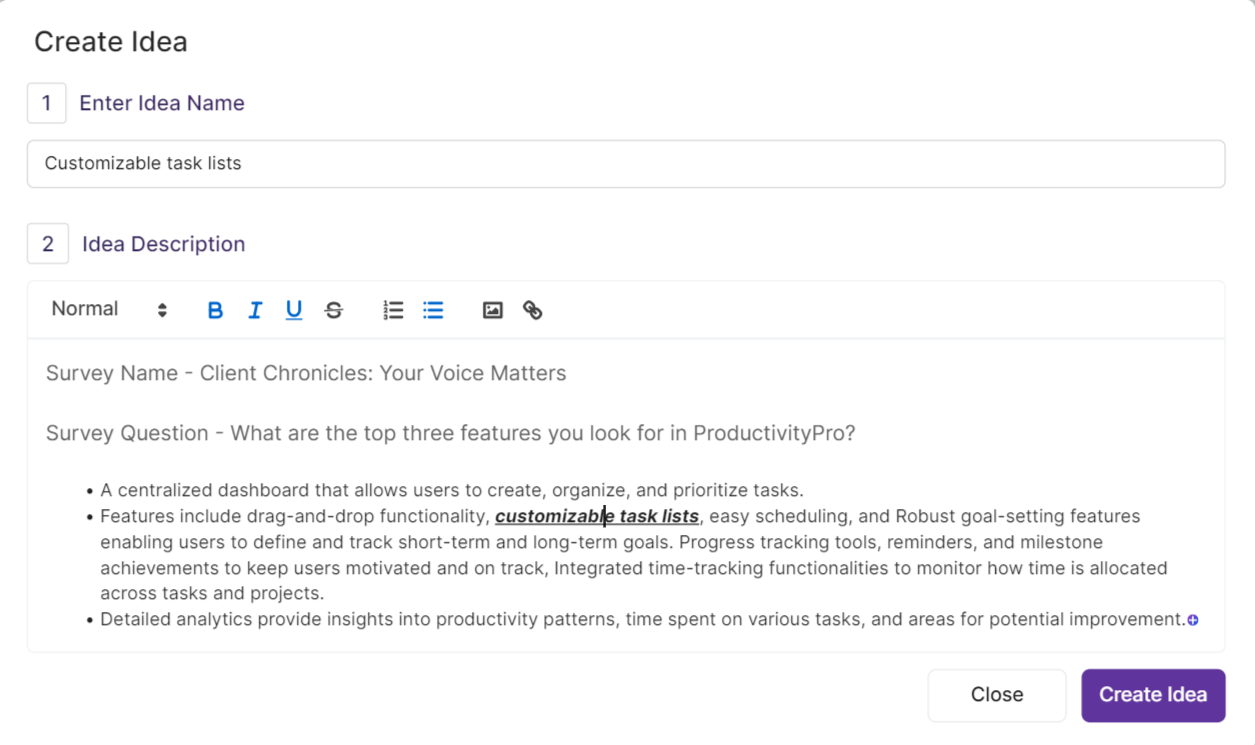 Link Survey Insights to Features and Create Innovative Ideas - Chisel Help